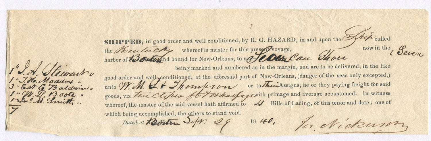 BILL OF LADING PURCHASE BY ROWLAND HAZARD, CLOTHING FOR ENSLAVED PEOPL ...